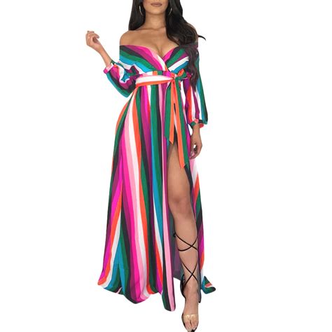 Loose Backless Slash Neck Sashes Stripe Print Summer Dresses Fashion