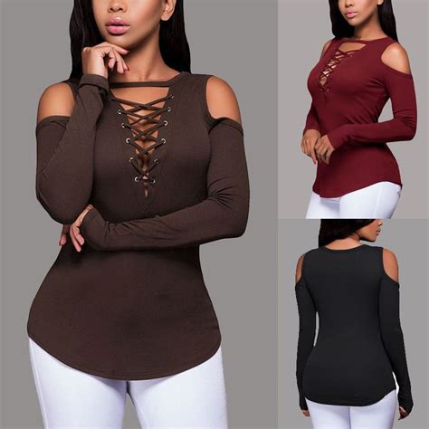 T Shirt For Women Sexy Deep V Neck Lace Up T Shirt Women Tops Womens