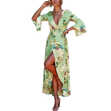Sexy Wrap Dress Floral Print Viscose High Quality Dresses V Neck 3 4