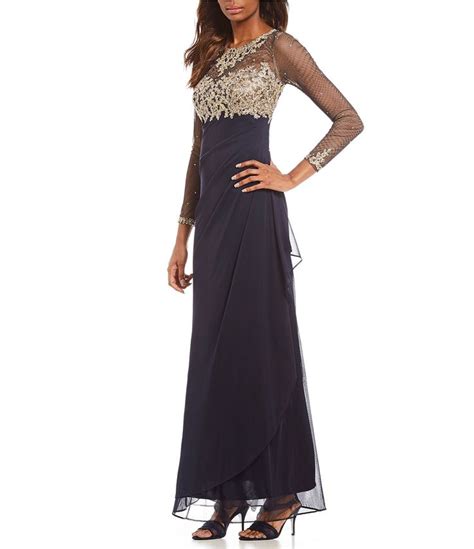 Xscape Sheer Long Sleeve Round Neck Gold Embroidered Ruched Sheath Gown