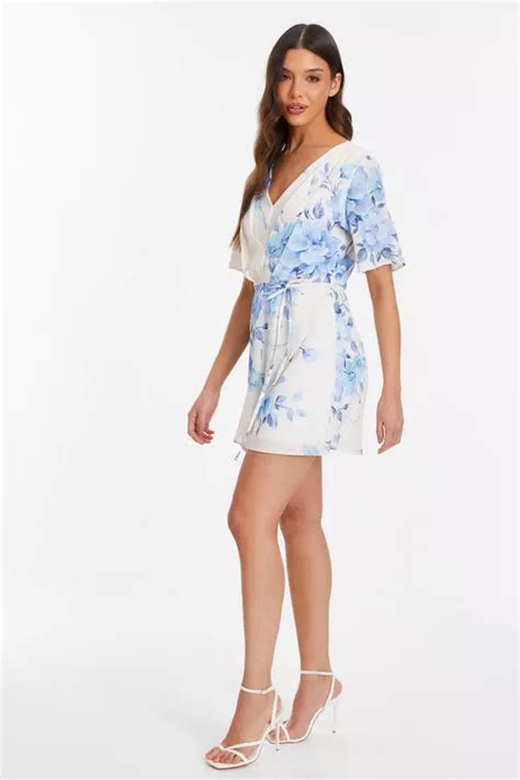 Blue Floral Print Wrap Tie Playsuit Quiz Clothing