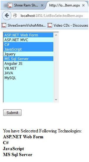 bind listbox retrieve the multi selected values and pre select listbox