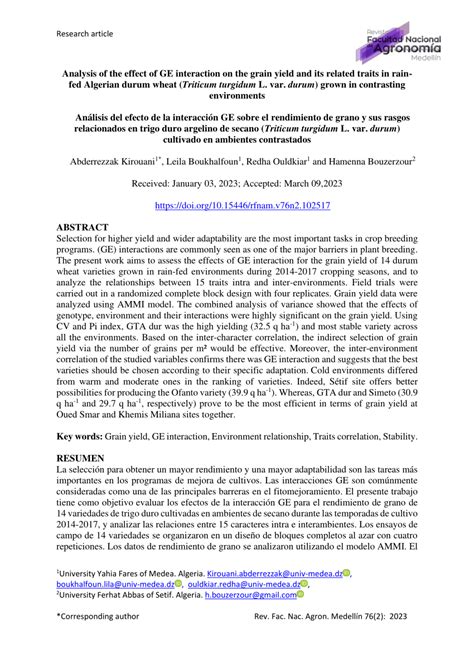 Pdf Analysis Of The Effect Of Ge Interaction On The Grain Yield And