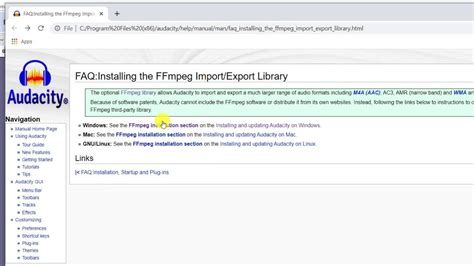 can audacity install the optional ffmpeg library bygas