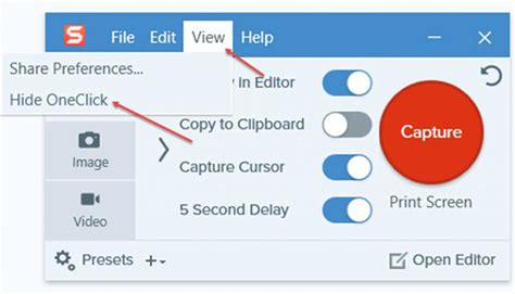 how to show or hide oneclick capture with snagit 2020 excelnotes