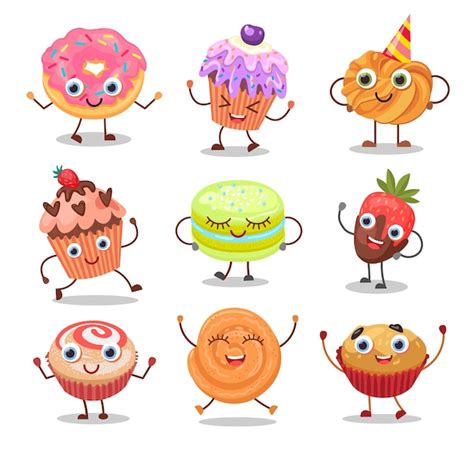 Conjunto De Personajes De Dibujos Animados Lindo Postre Ilustraciones