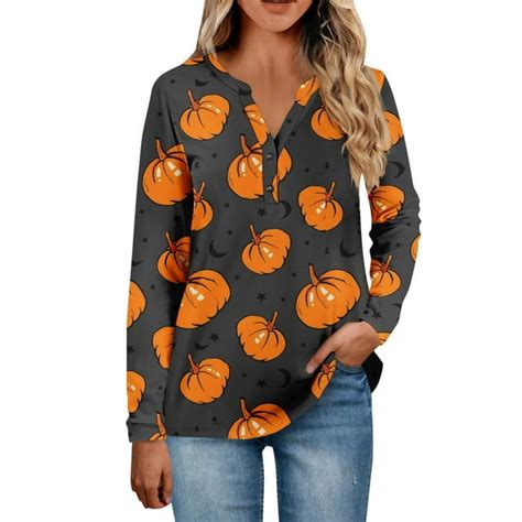 Vamuko Plus Size Halloween Shirts For Women Fall Henley Long Sleeve