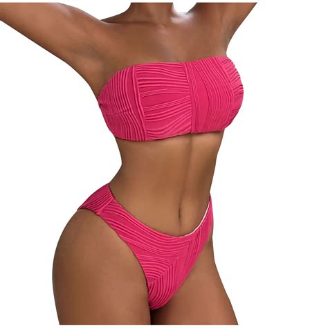 Vsssj Womens Bandeau Two Piece Bikini Swimsuits Strapless Top With High