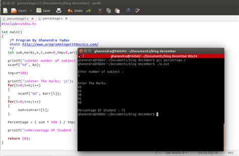 c program for calculate percentage of 5 subjects