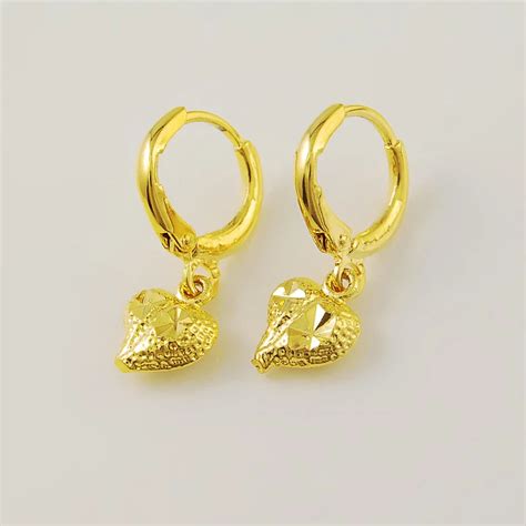 24k Gold Plating Heart Earring Shinny Gold Color Drop Earrings 2018
