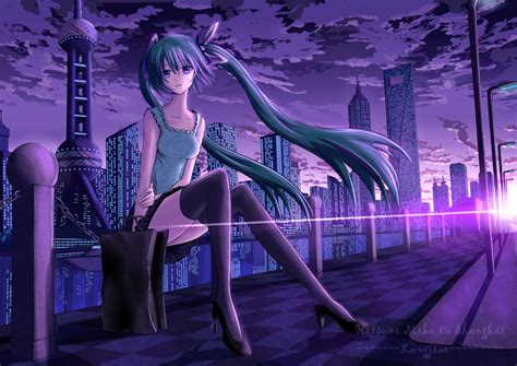 Blue Eyes Building City Clouds Dress Green Hair Hatsune Miku Langjiao