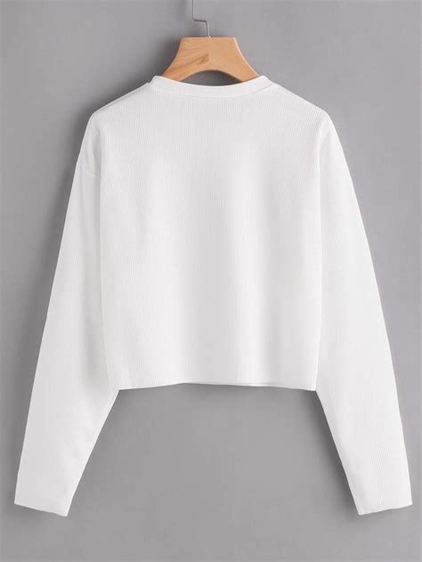 Rose Appliques Ribbed Dropped Shoulders Crop Sweatshirt Shein Sheinside