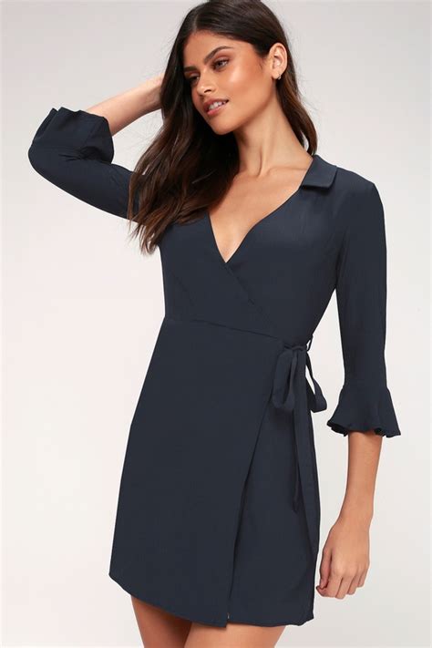 Cute Navy Blue Dress Wrap Dress Flounce Sleeve Dress Lulus