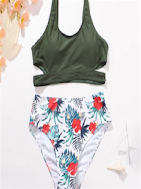 Buy Urbanic Women Olive Green And White Printed Cut Out Bikini Swimwear