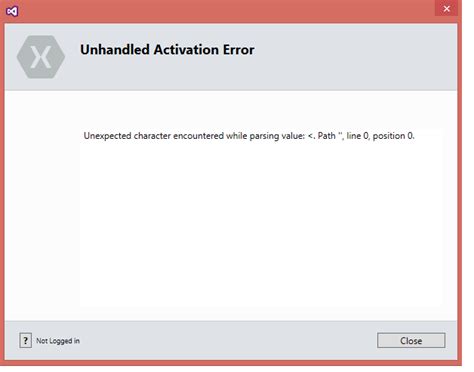 c unhandled activation error while login using visual