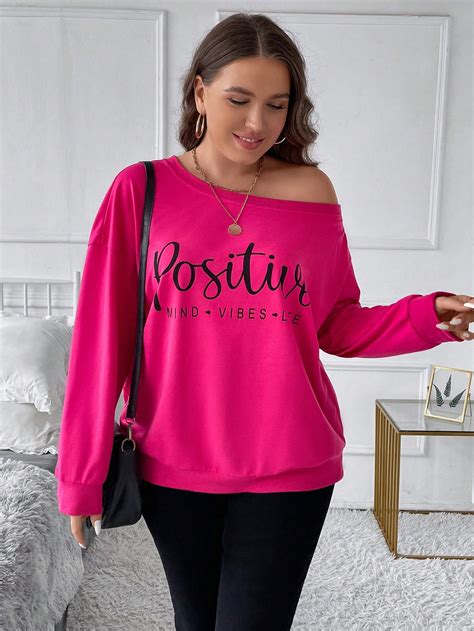 Shein Lune Plus Letter Graphic Asymmetrical Neck Drop Shoulder