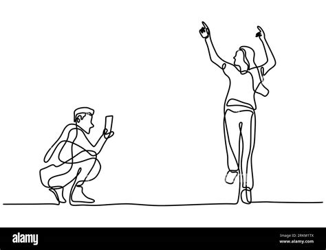 One Continuous Line Drawing Of Man Taking Photo A Woman With Smartphone