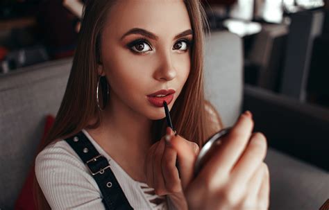 Wallpaper Women Face Portrait Red Lipstick Hoop Earrings Sitting