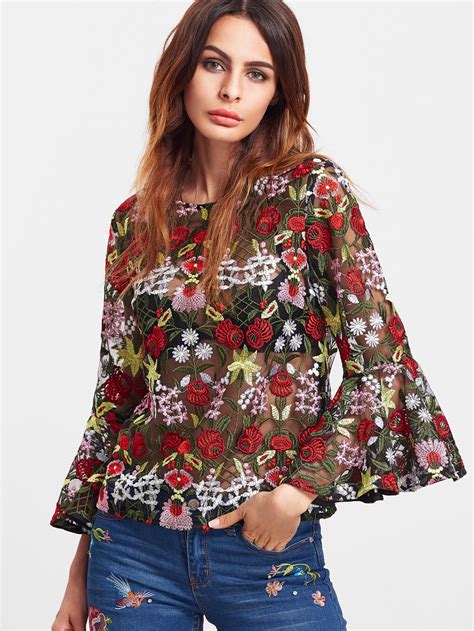 Multicolor Bell Sleeve Flower Embroidered Mesh Top Shein Sheinside