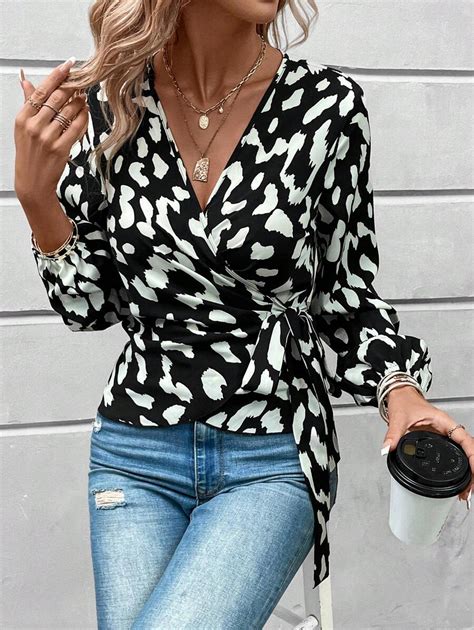 Shein Clasi Allover Print Lantern Sleeve Knot Side Wrap Blouse Shein Usa