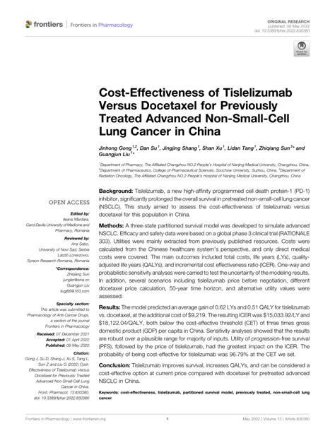 Pdf Cost Effectiveness Of Tislelizumab Versus Docetaxel For