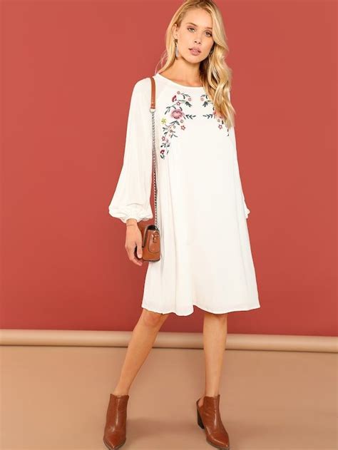Embroidered Yoke Bishop Sleeve Dress Shein Sheinside Bishop Sleeve