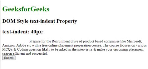 html dom style textindent property geeksforgeeks
