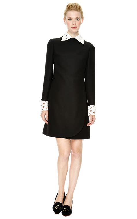 Valentino Wool Blend Dress With Embroidered Collar And Cuff In Black Lyst