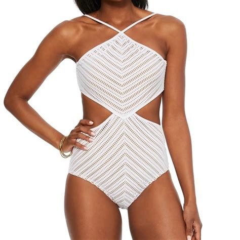 Bar Iii Swim Nwt Bar Iii White High Neck Crochet Monokini One Piece