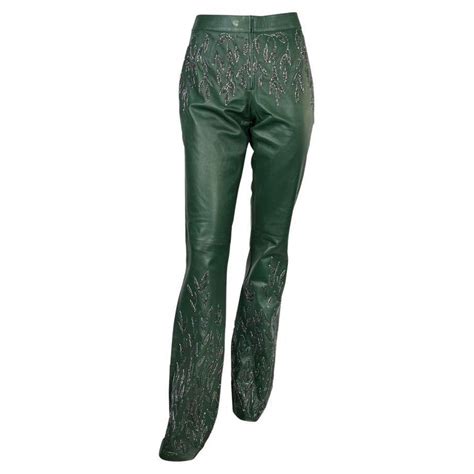 F W 1999 Gucci Tom Ford Runway Embellished Green Leather Flare Pants