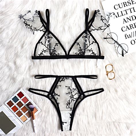 Sexy Underwear Women Set Floral Embroidery Sheer Mesh Lingerie Set