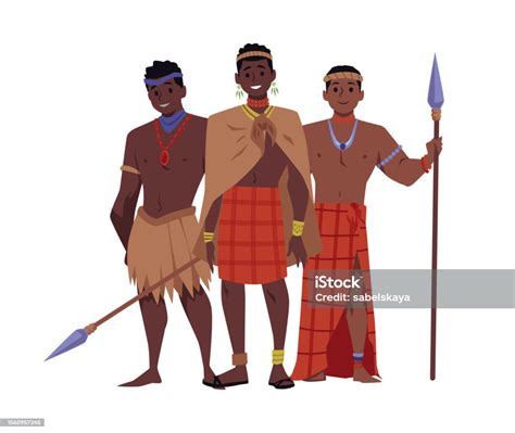 Strong Darkskinned Tribal Men With A Spears Vector Illustration African