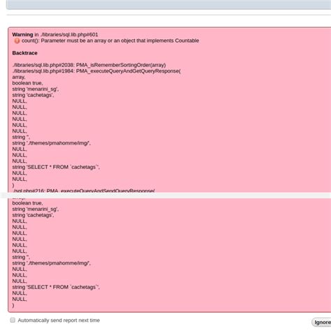 phpmyadmin mysql dump count parameter must be an array of an