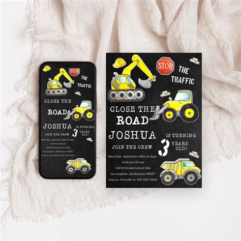 Construction Birthday Invitation Dump Truck Invite Yellow Dump Truck