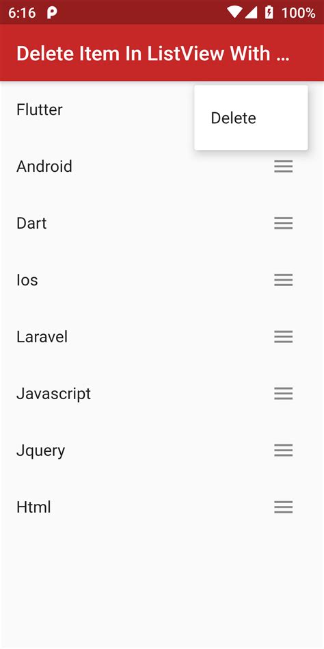 how to delete item in listview with popup menu button in flutter