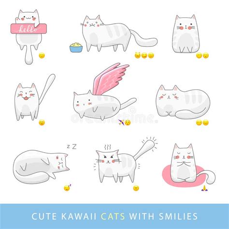 Set Of Vector Cartoon Stickers With Cats With Different Emotions Stock
