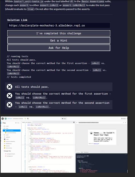 the replit solution link fails tests even though replit project passes
