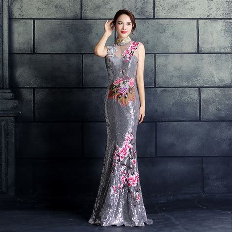 Pretty Embroidery Long Qipao Cheongsam Dress Gray Qipao Cheongsam