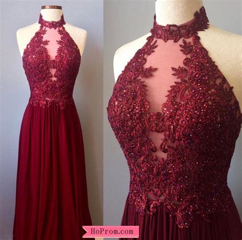 Burgundy Halter Neckline Prom Dress With Beadings Hoprom