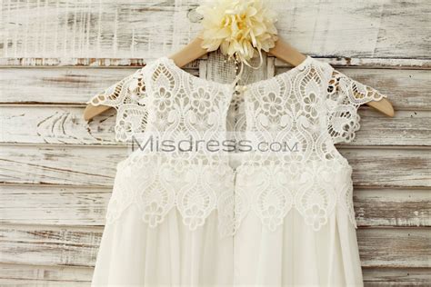Boho Beach Lace Cap Sleeves Ivory Chiffon Flower Girl Dress Misdress