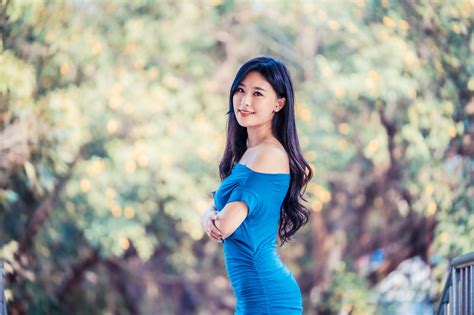 Download Black Hair Long Hair Smile Blue Dress Model Woman Asian 4k