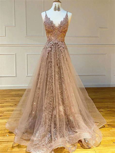 A Line V Neck Champagne Lace Prom Dresses Champagne Lace Formal Eveni