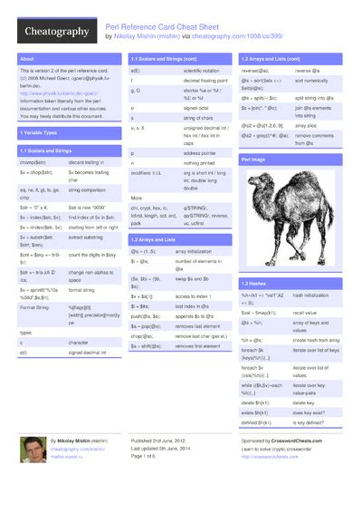 perlcheat cheat sheet by mishin download free from cheatography