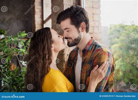 Photo Of Tender Tempting Adorable Couple Cuddle Enjoy Kiss Close Eyes