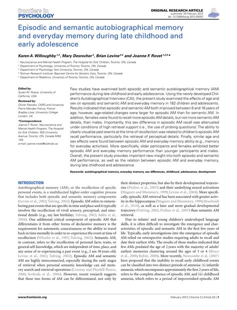 Pdf Episodic And Semantic Autobiographical Memory And Everyday Memory