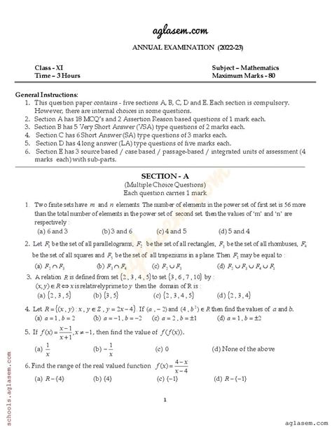 Class 11 Maths Question Paper 2023 Pdf 11th Annual Exam Maths