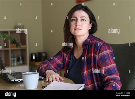 Calm Silent Tired Stressed Unproductive Dark Haired Woman Working In