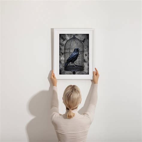 Gothic Raven Art Print Dark Elegance Bird In Cage Illustration