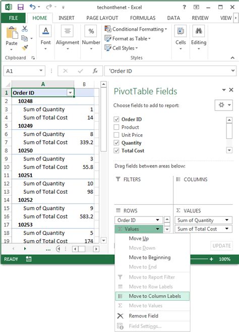 ms excel 2013 display the fields in the values section in multiple
