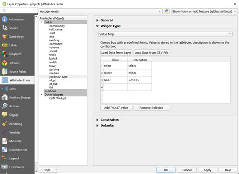 attribute table creating drop down list with values in qgis